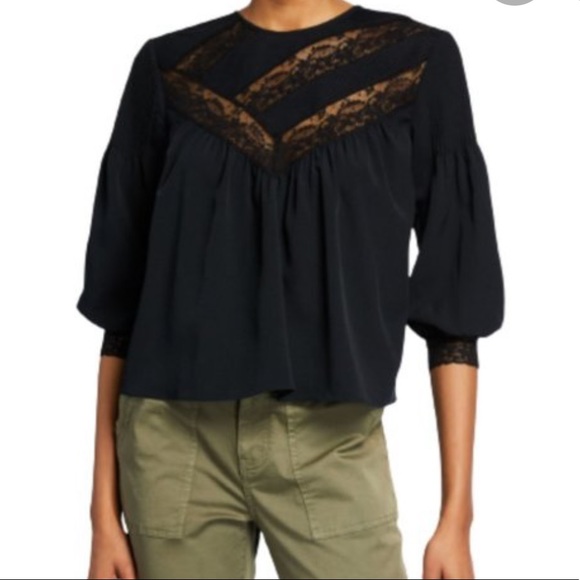 Joie Black Lace Inset Margette Puff Sleeve Blouse Tops